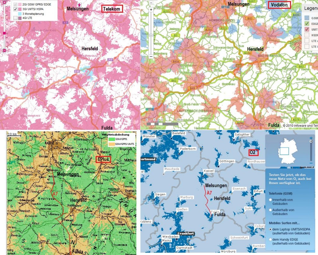 Internetabdeckung der Mobilfunkanbieter Telekom, Vodafon, EPlus und O2 ...